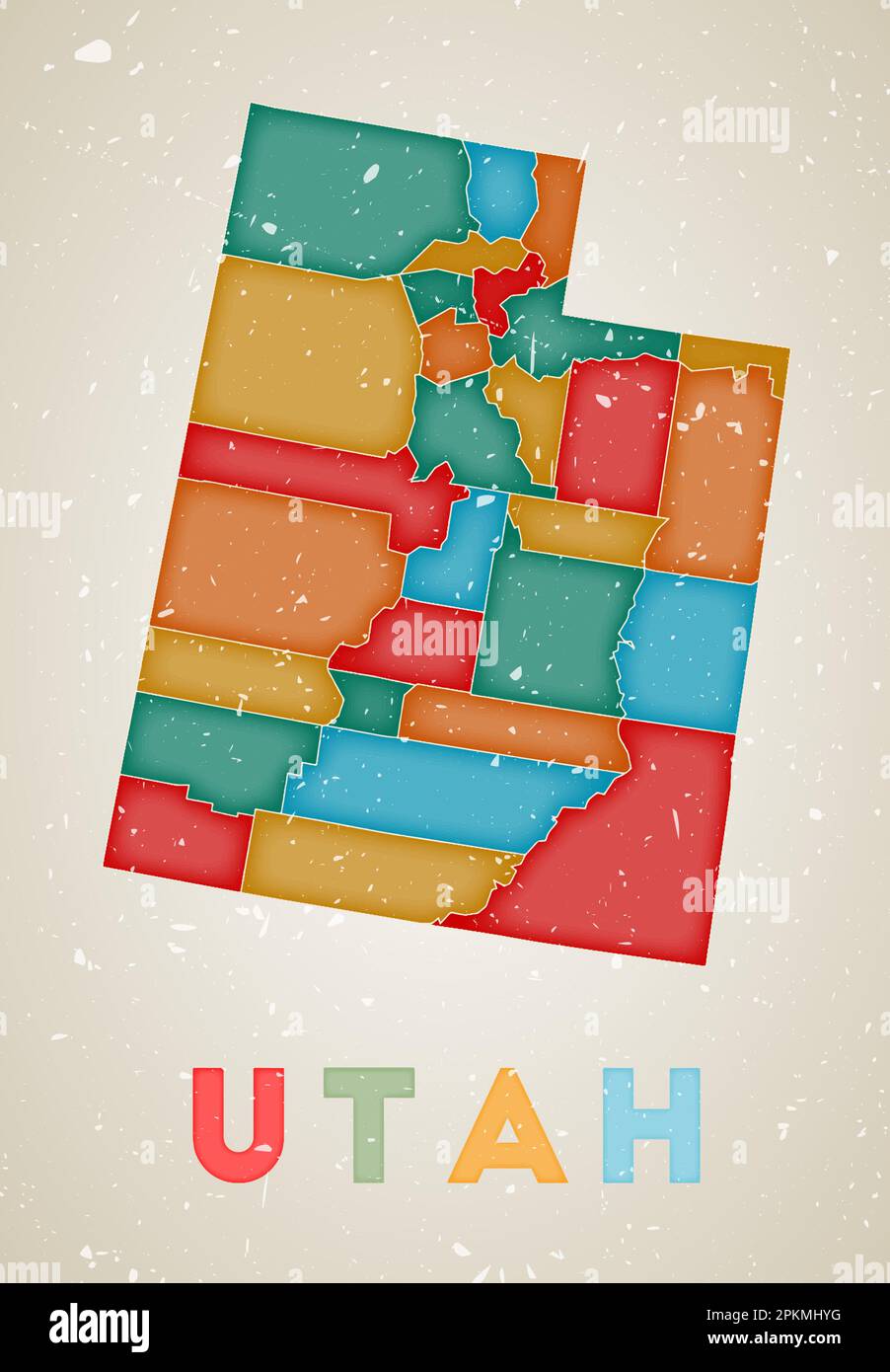 Utah map. Us state poster with colored regions. Old grunge texture ...