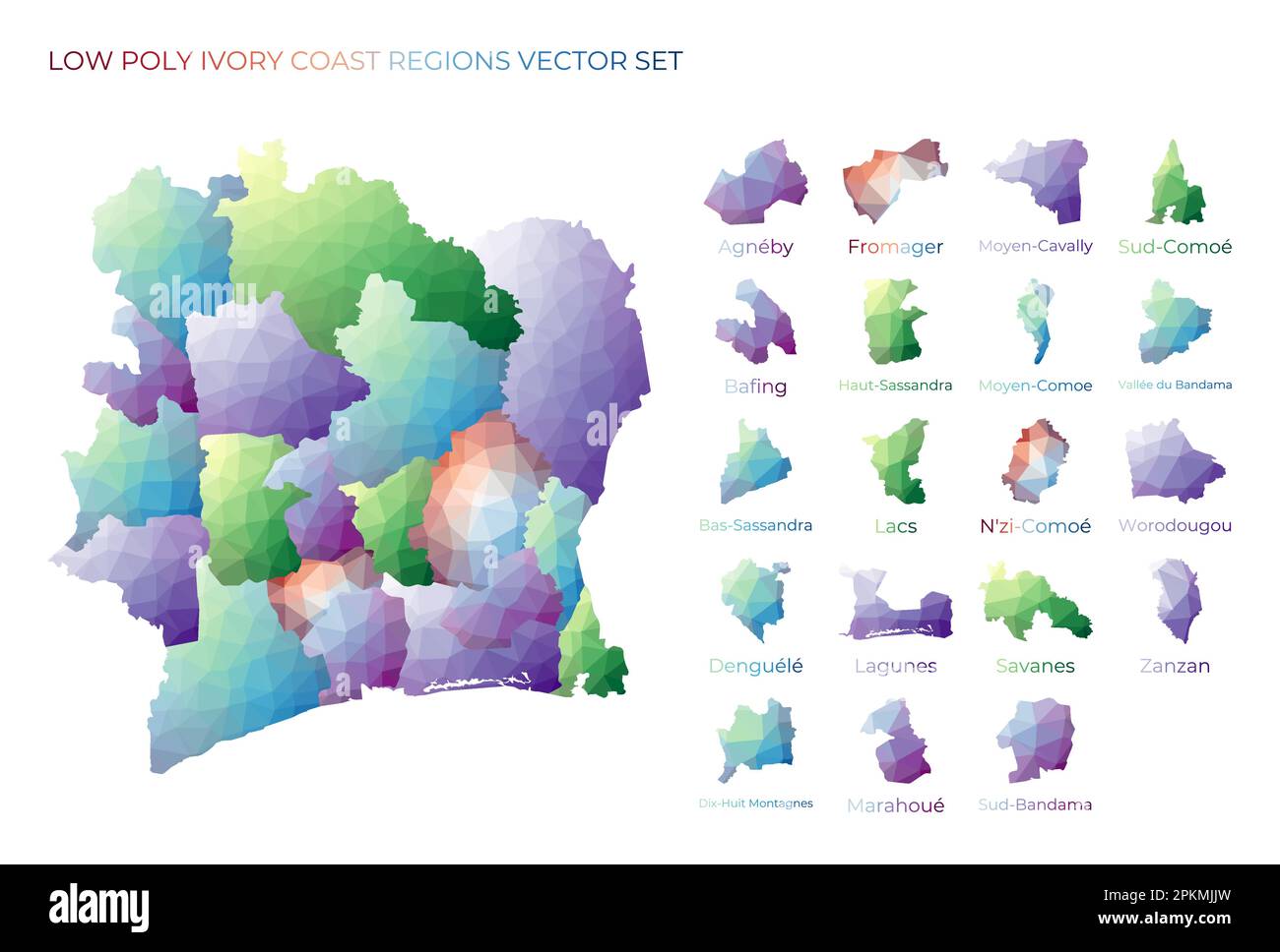 Ivorian low poly regions. Polygonal map of Ivory Coast with regions. Geometric maps for your ...