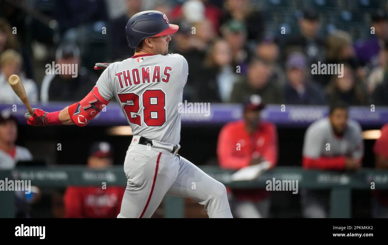 Washington Nationals right fielder Lane Thomas (28) in the third inning ...