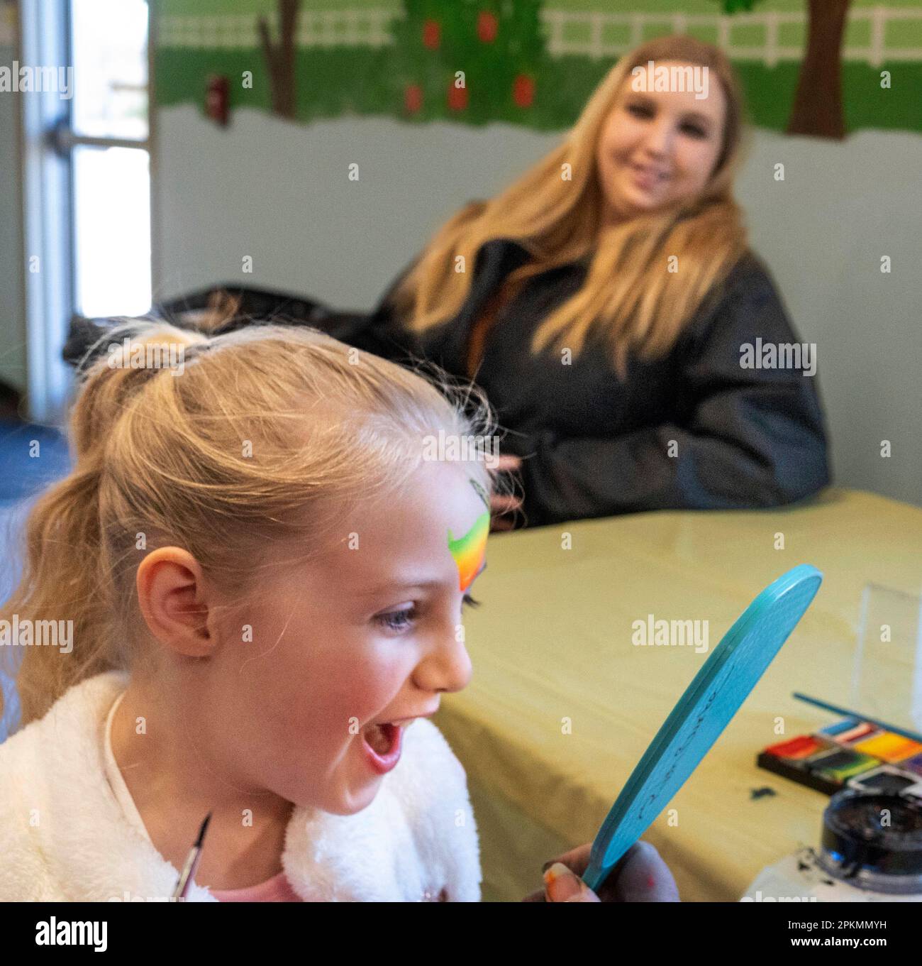 Maya Brewer, 5, reacts, Saturday, April 8, 2023, at her rainbow unicorn ...