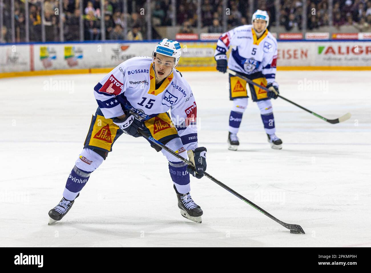 Gregory Hofmann #15 (EV Zug) looks for a finish during the National ...