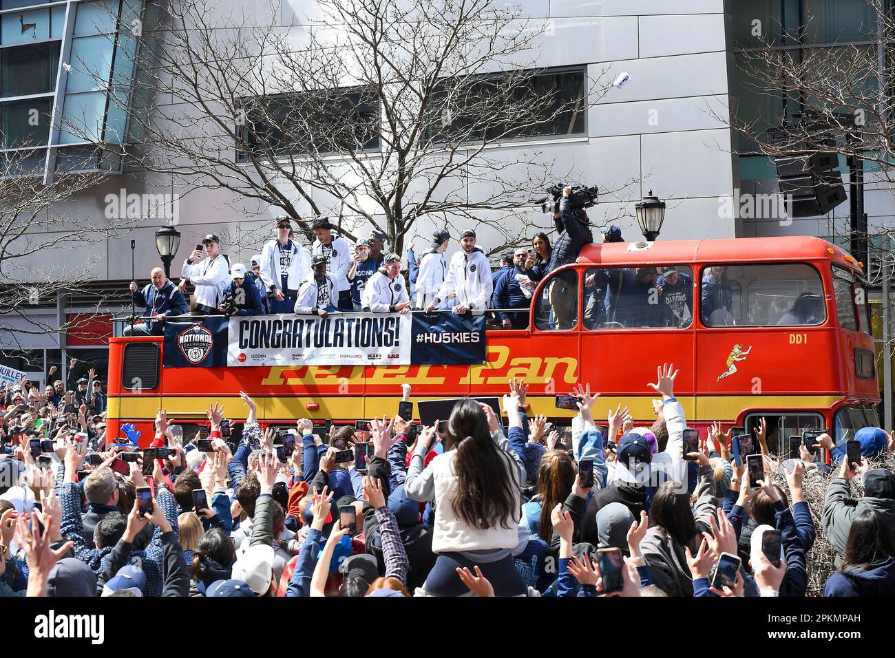 HARTFORD, CT - APRIL 08: The UConn Huskies open-top bus arrives for the ...