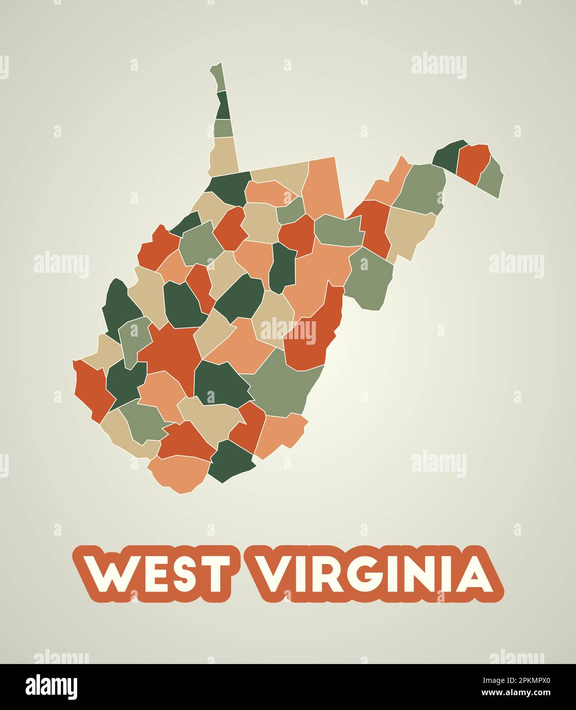 West Virginia poster in retro style. Map of the US state with regions ...