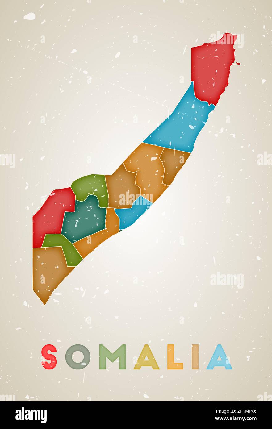 Somalia map. Country poster with colored regions. Old grunge texture ...