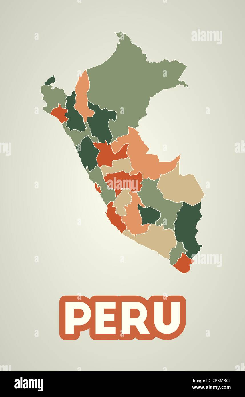 Peru poster in retro style. Map of the country with regions in autumn ...