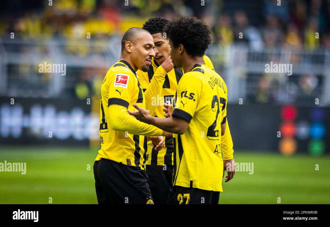 Dortmund, Germany. 8th Apr, 2023. Donyell Malen (BVB), Jude Bellingham ...