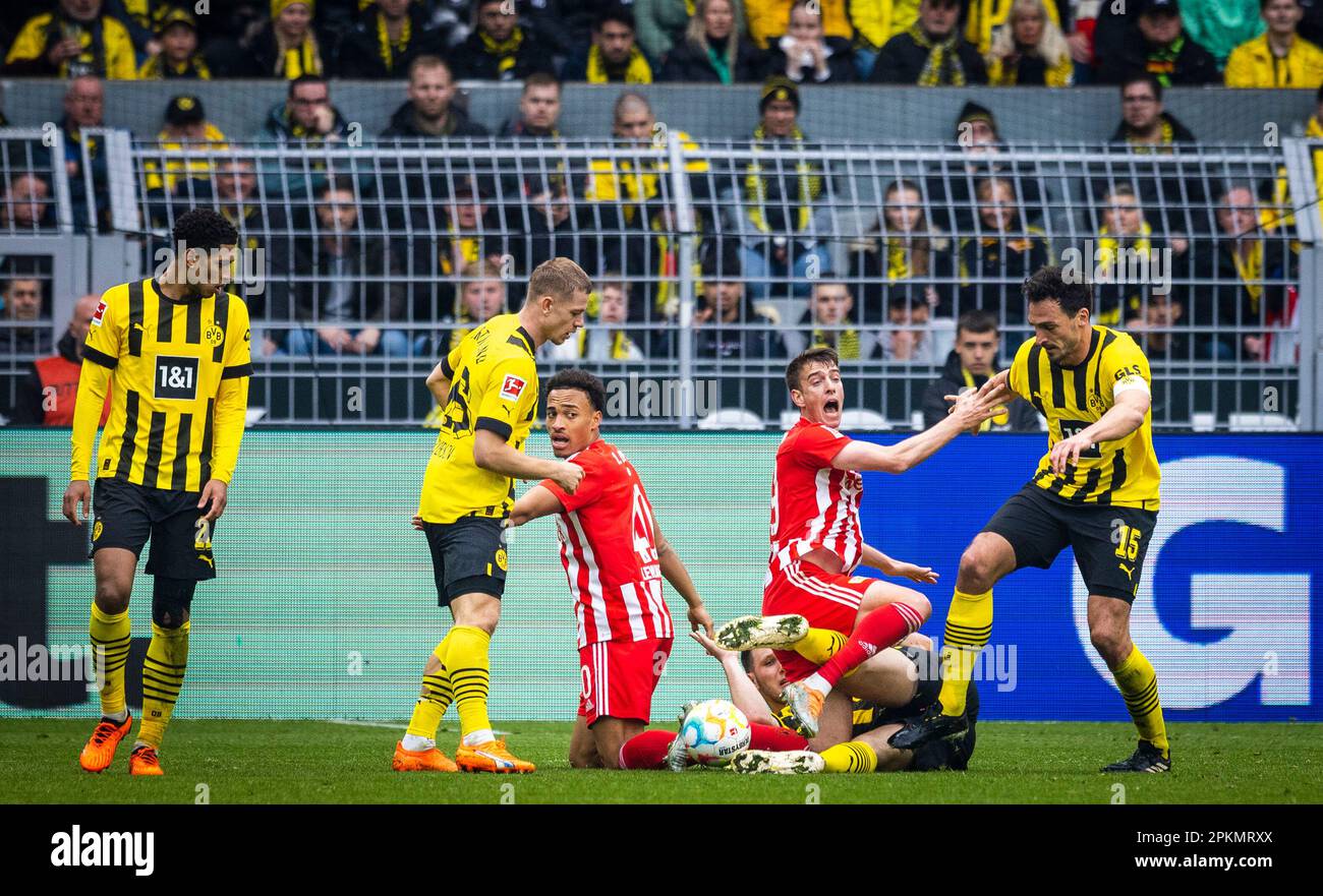 Dortmund, Germany. 8th Apr, 2023. Jude Bellingham (BVB), Jamie Leweling ...
