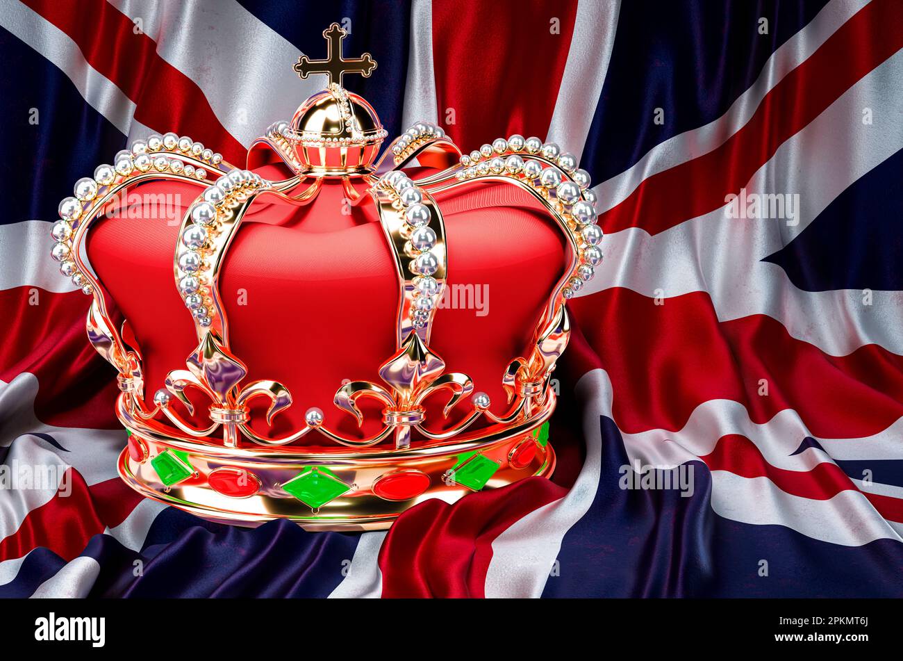 Royal golden crown with jewels on the United Kingdom flag background ...