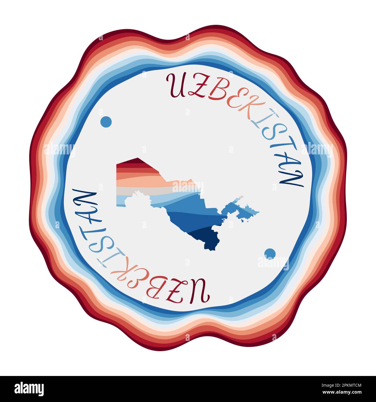 Uzbekistan badge. Map of the country with beautiful geometric waves and vibrant red and blue ...