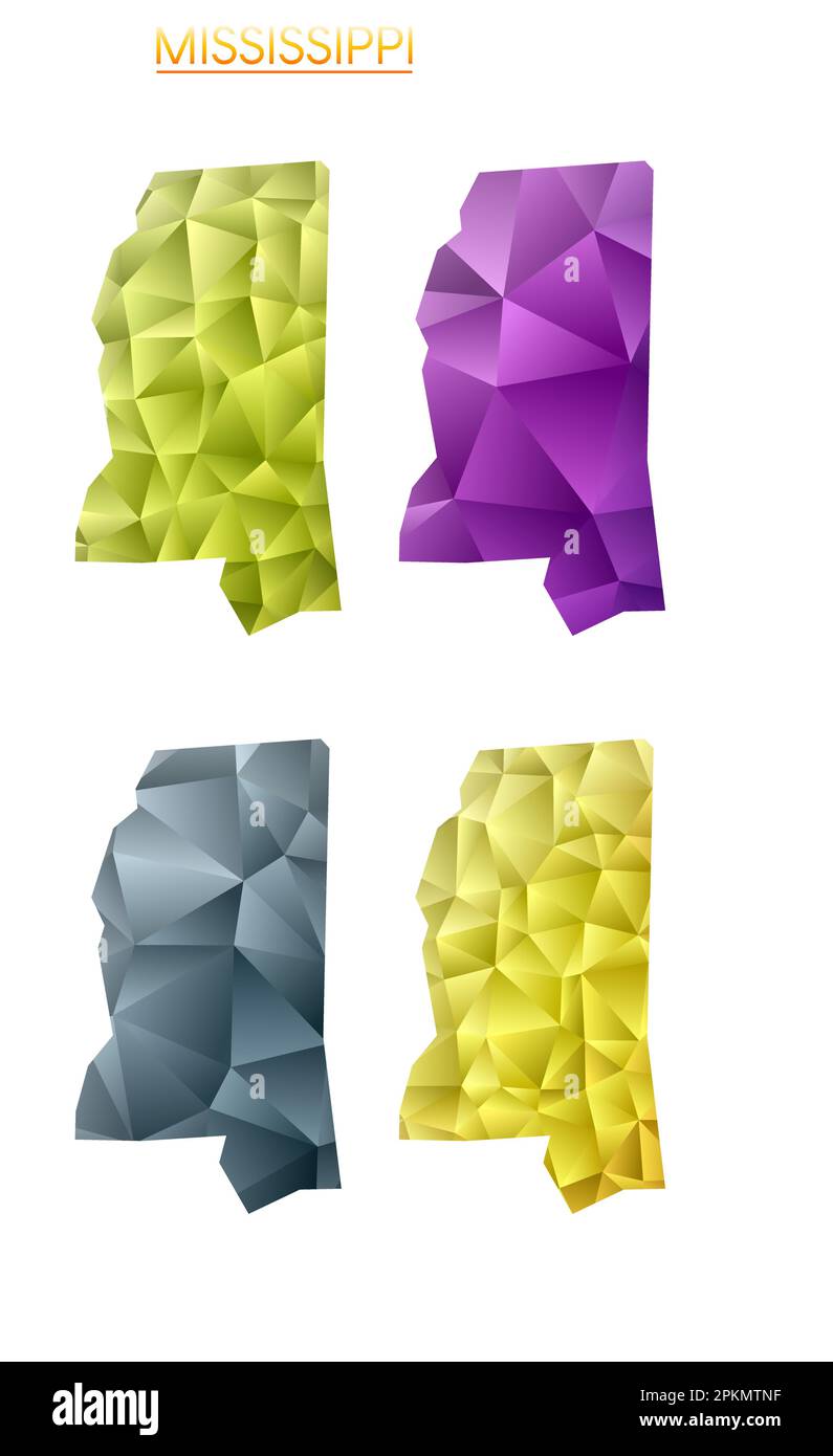 Set of vector polygonal maps of Mississippi. Bright gradient map of US ...