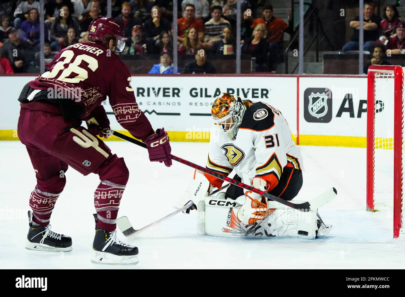 Anaheim Ducks goaltender Olle Eriksson Ek (31) makes a save against a ...