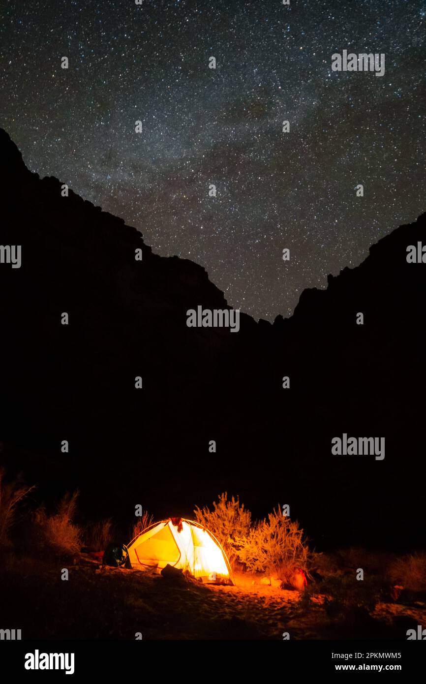 An outdoor camping scene featuring a tent set up under a star-filled ...
