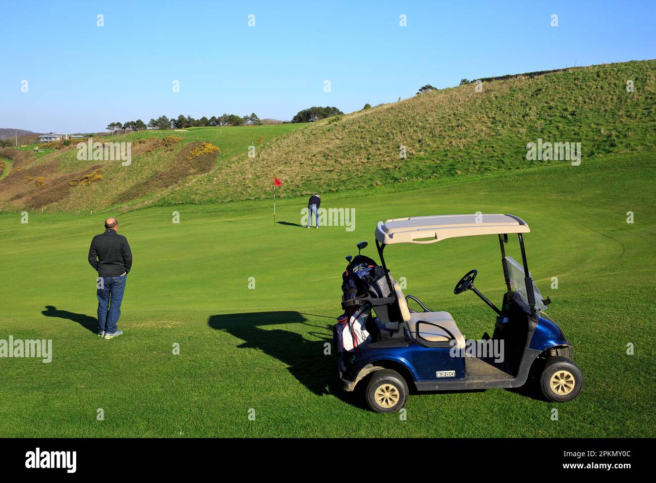 A couple of guys trying to put the golf ball in one of the holes at the ...