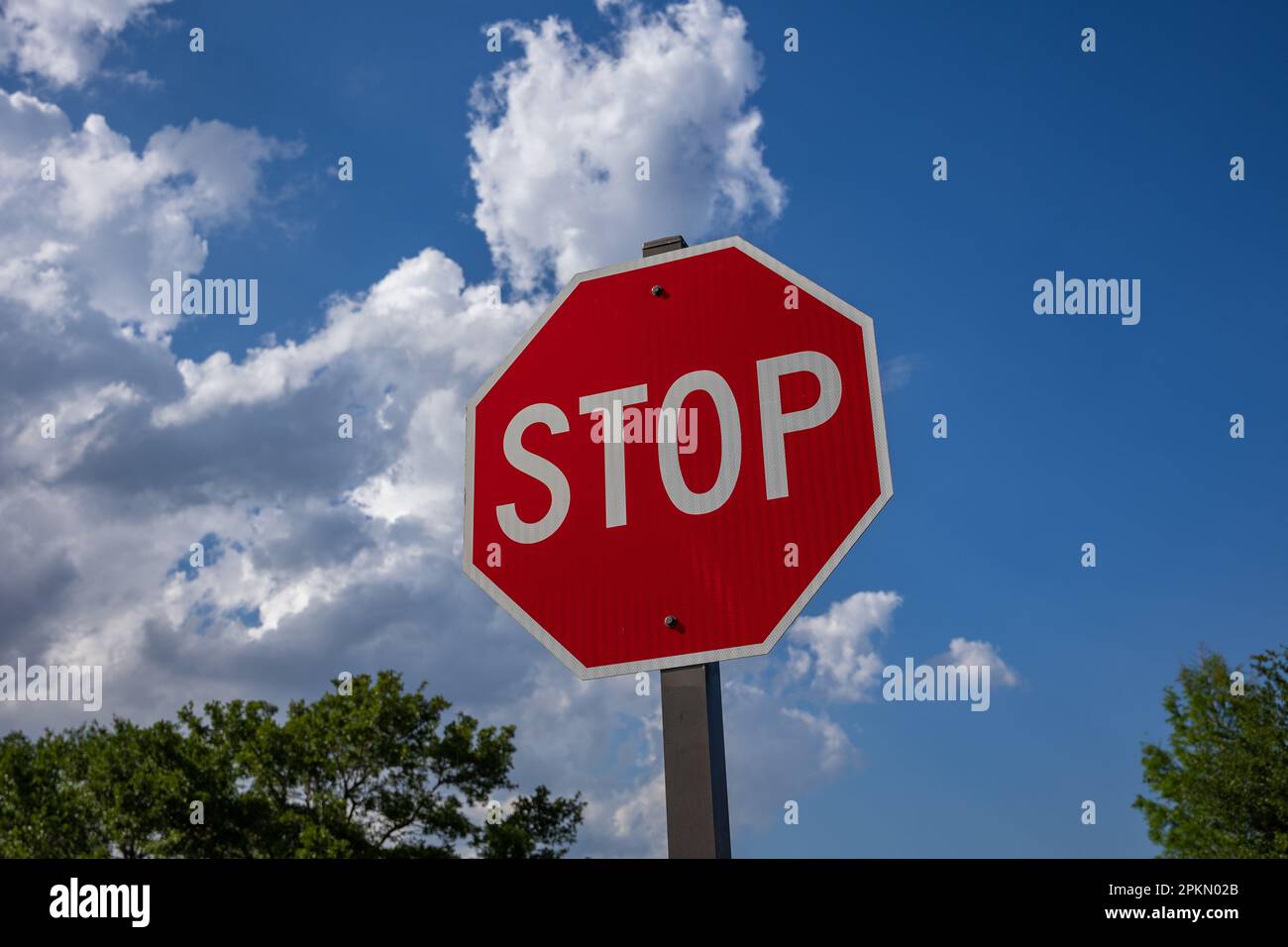 a close-up of the American red STOP road sign with blue sky in the ...