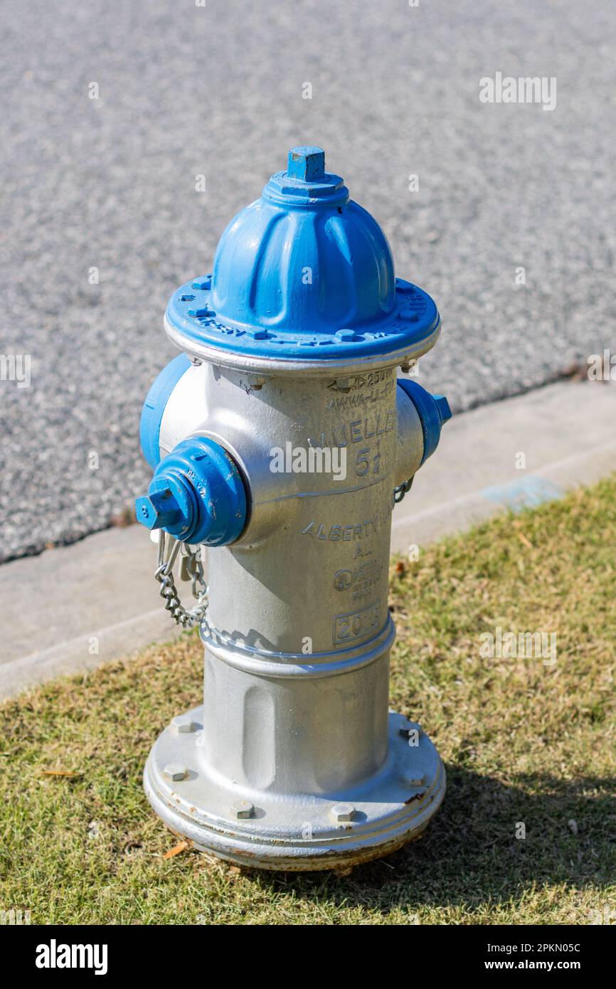 a fire hydrant in silver and blue colors with grass on the background ...