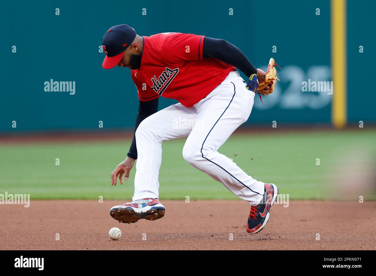 Cleveland Guardians shortstop Amed Rosario fields the ball before throwing out Seattle Mariners ...