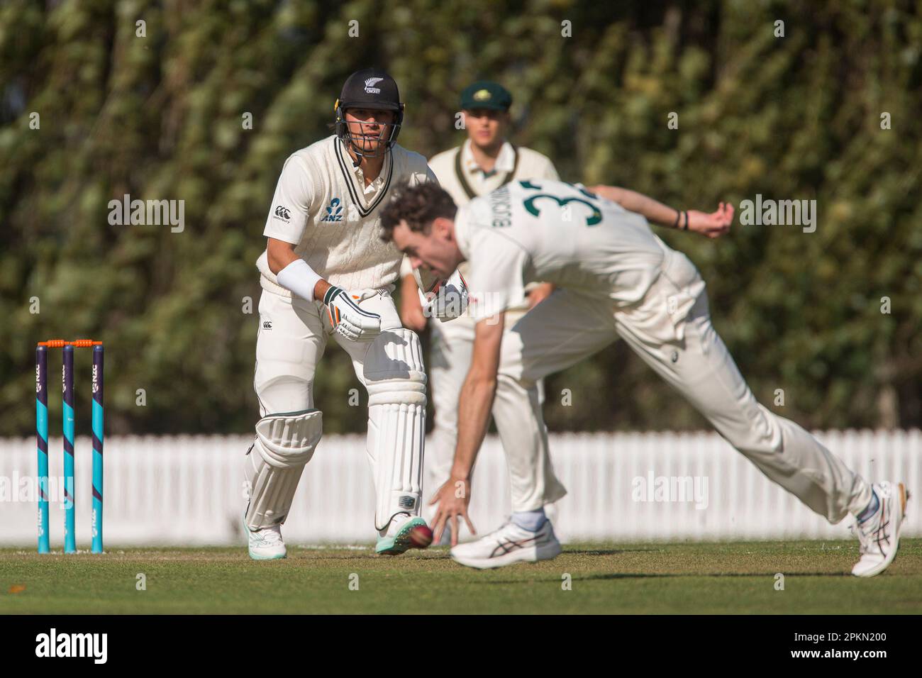 Sean Solia of New Zealand A batting with Jordan Buckingham of Australia ...