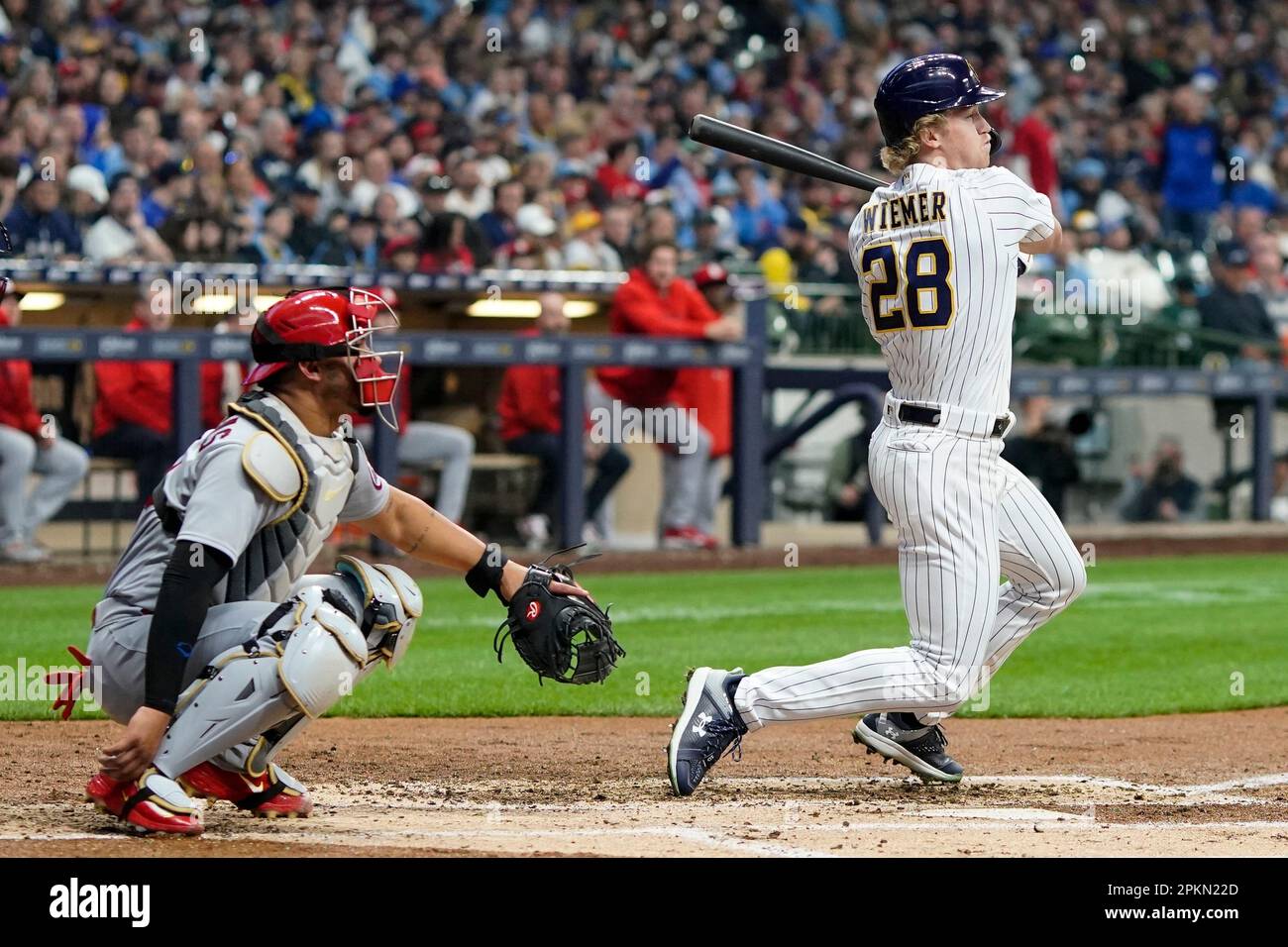 Milwaukee Brewers' Joey Wiemer hits a double during the third inning of ...