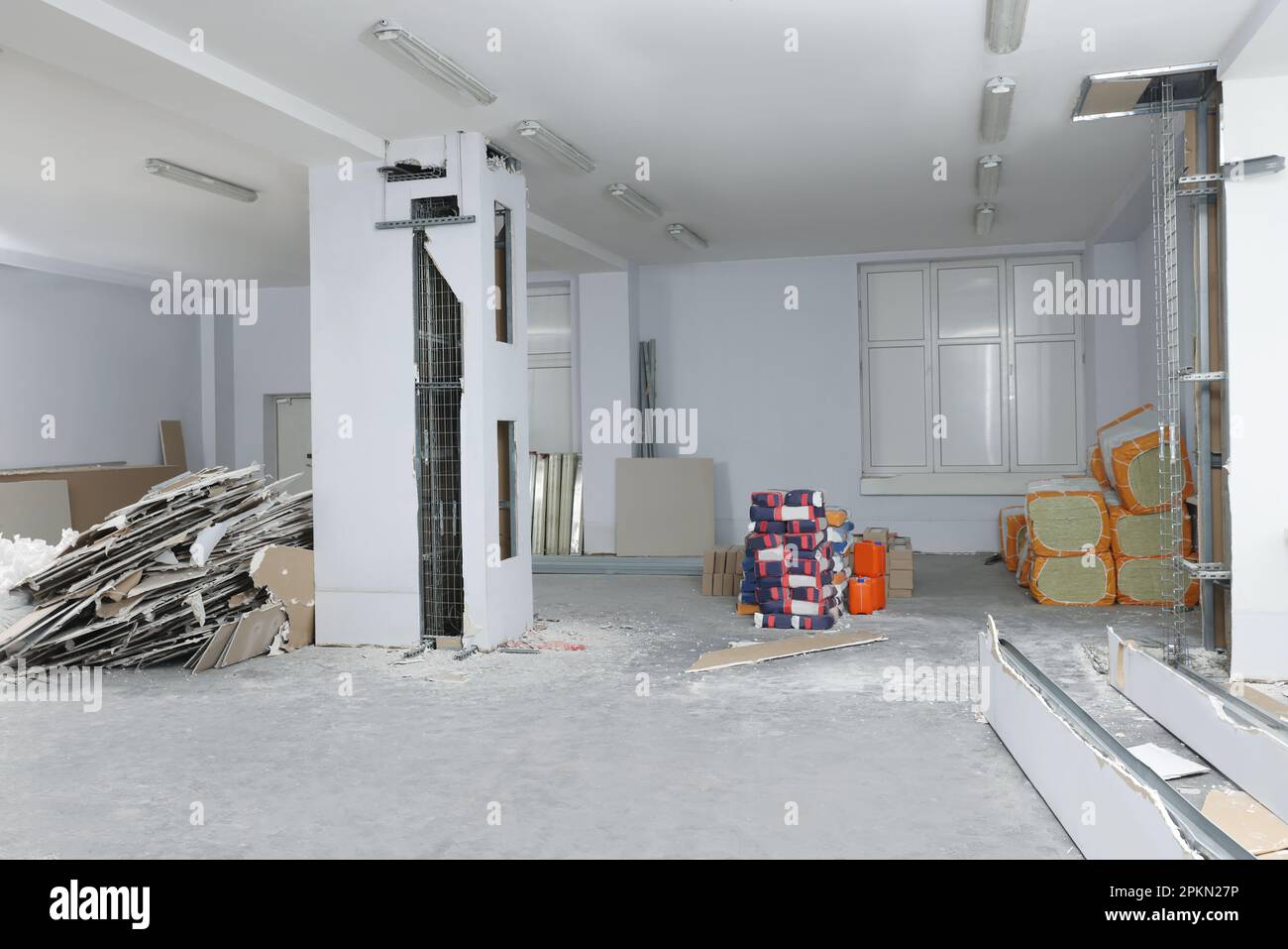 Building materials in messy room prepared for renovation Stock Photo ...