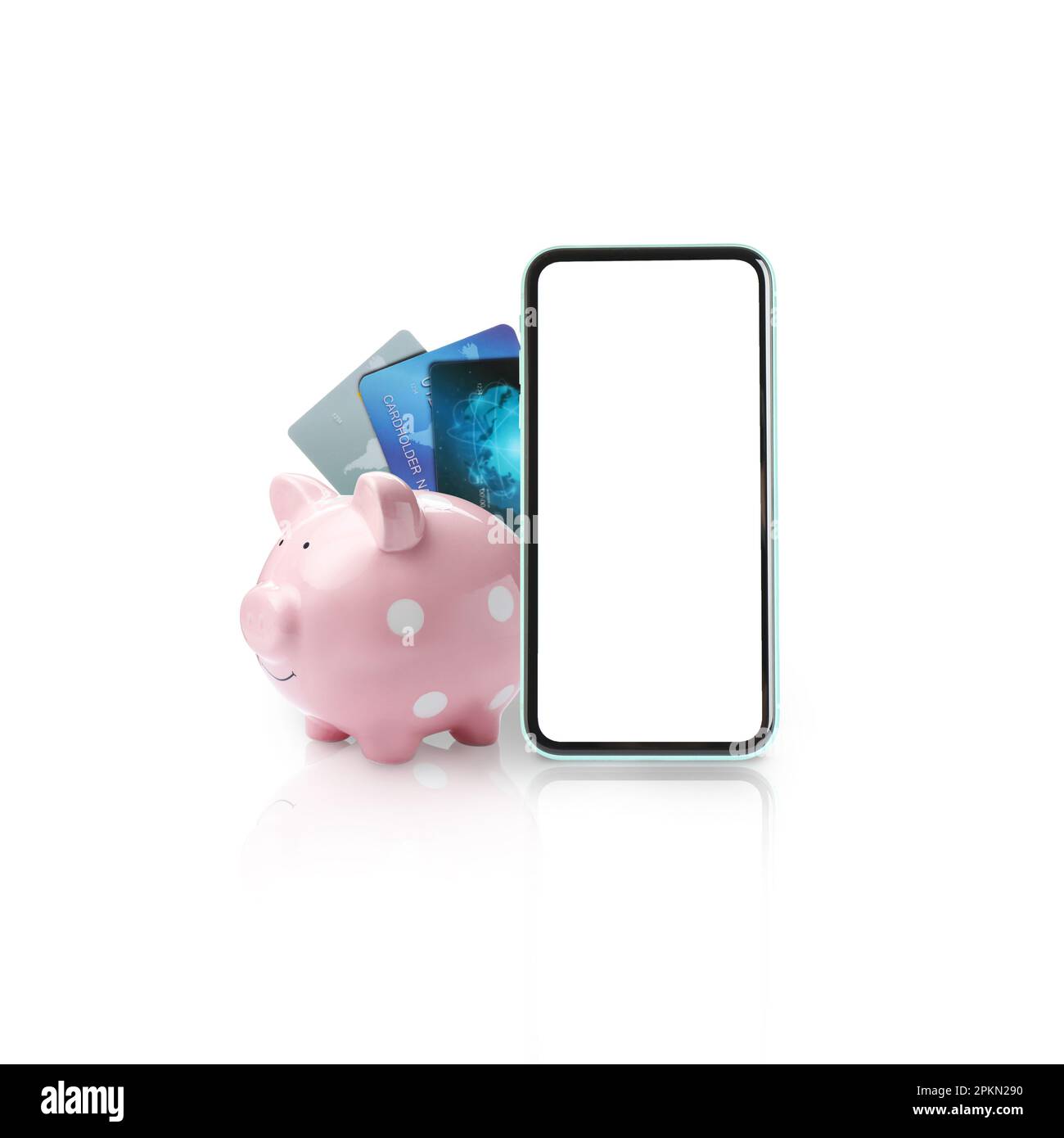 Piggy bank with credit cards and smartphone on white background. Online ...