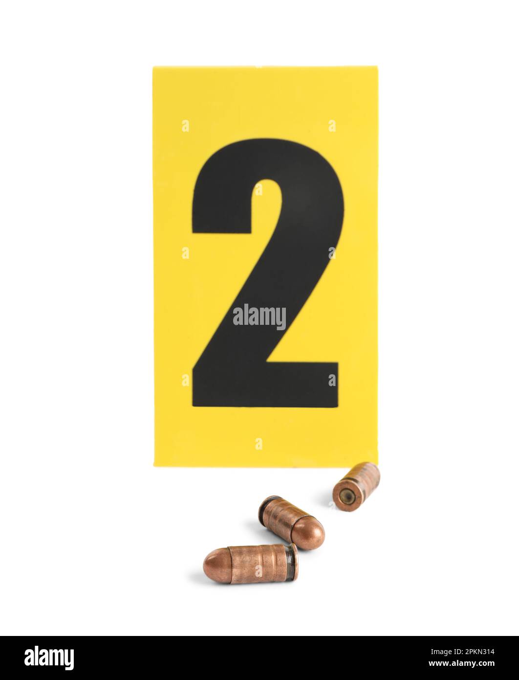 Bullets and crime scene marker with number two isolated on white Stock ...