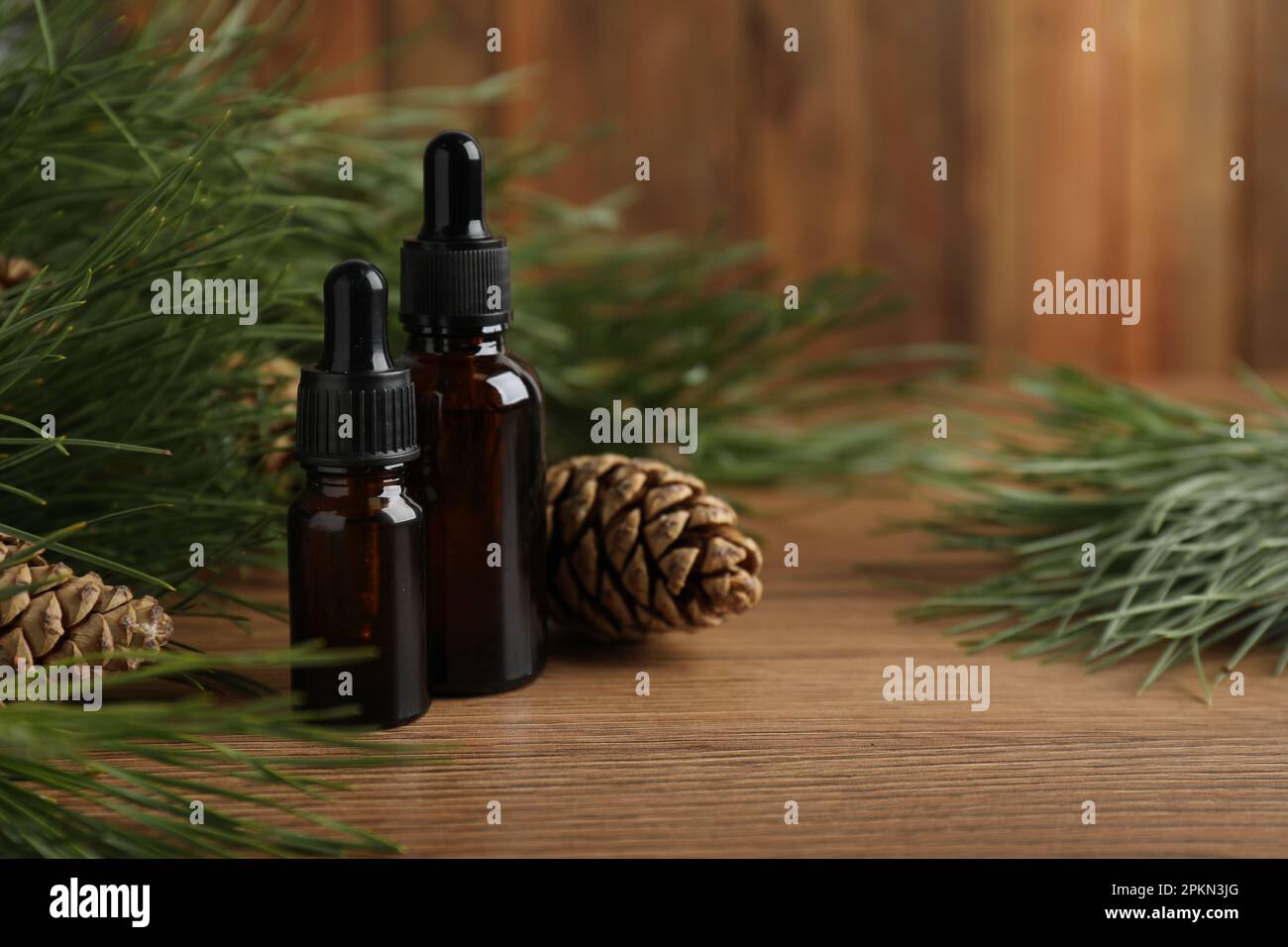 Pine essential oil, cones and branches on wooden table. Space for text ...