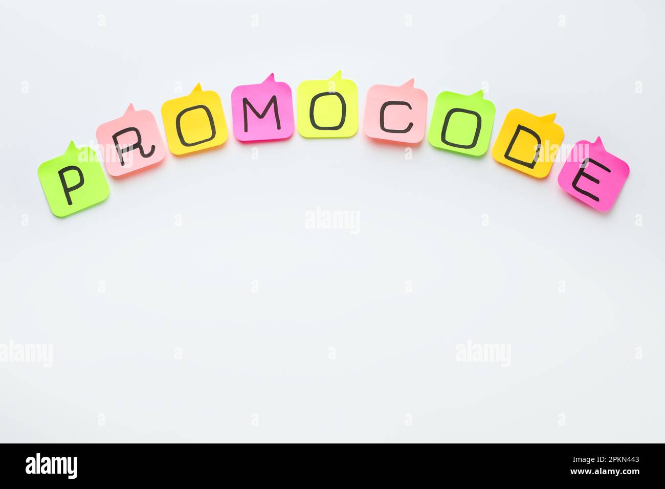 Sticky notes with words Promo Code on white background, flat lay. Space ...