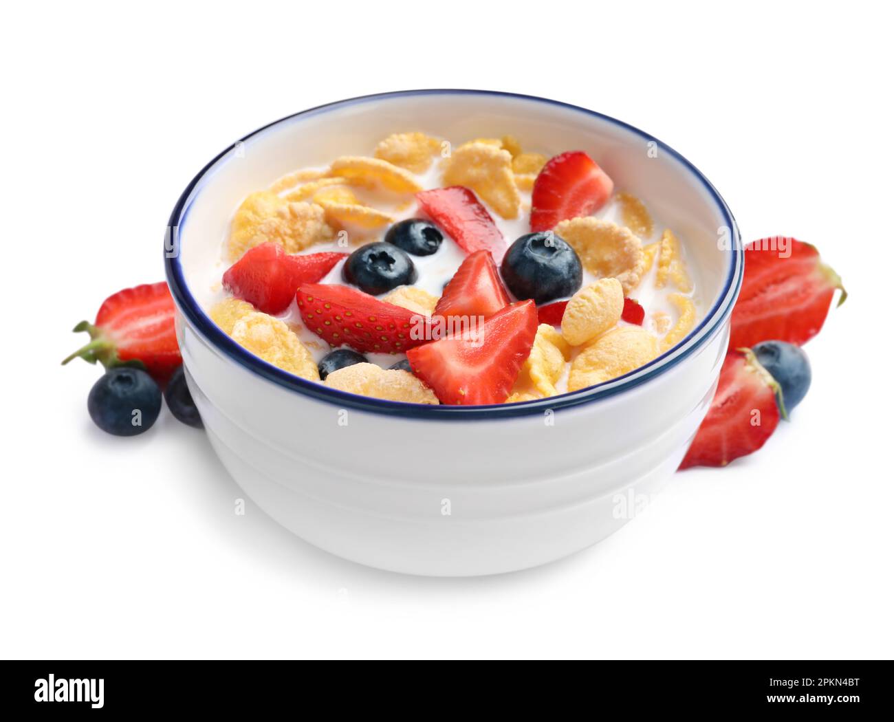 Bowl of tasty crispy corn flakes with milk and berries isolated on ...