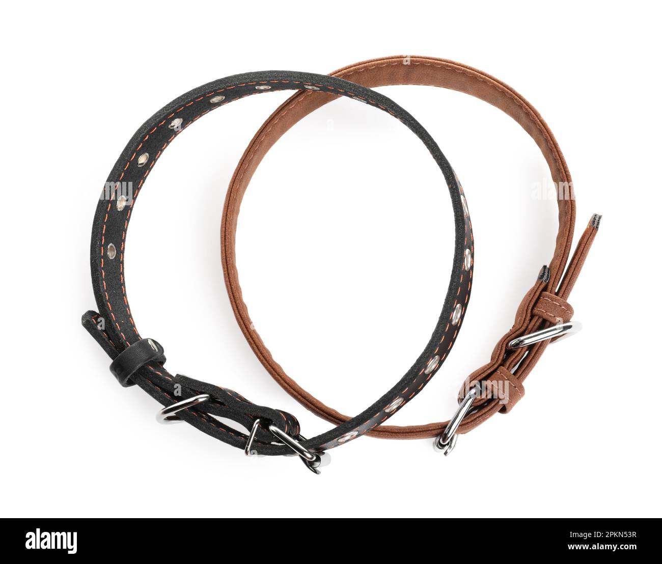 Different leather dog collars on white background, top view Stock Photo ...