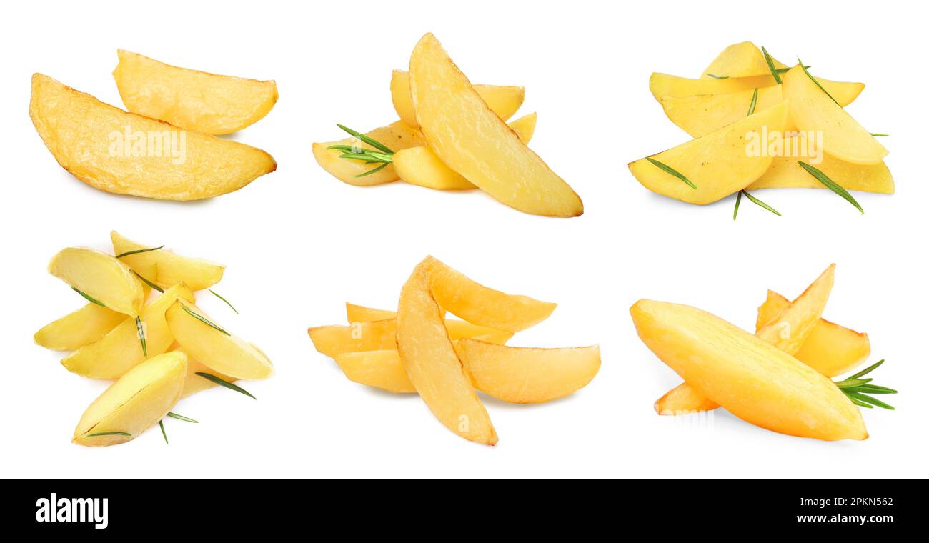 Set with delicious hot baked potatoes on white background. Banner ...