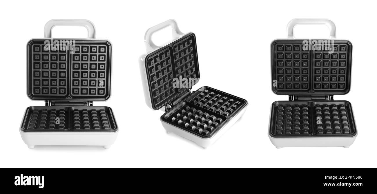 Set with modern electric waffle makers on white background. Banner ...
