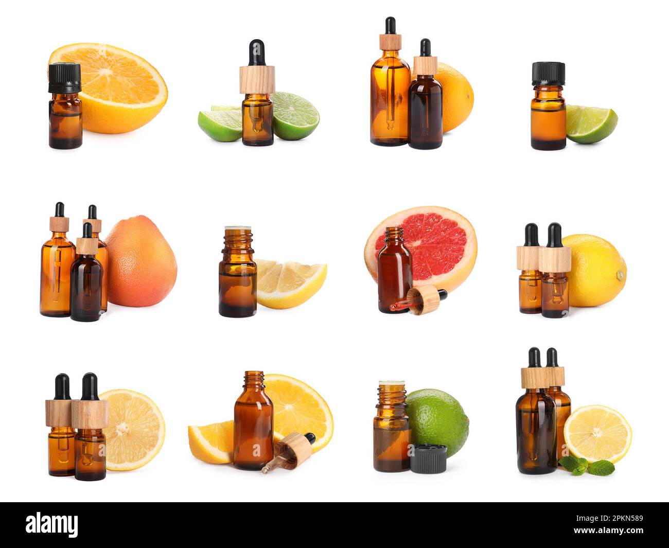 Set with bottles of different citrus essential oils and fresh fruits on ...