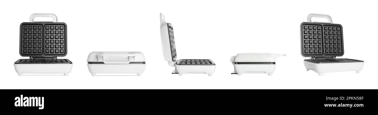 Set with modern electric waffle makers on white background. Banner ...