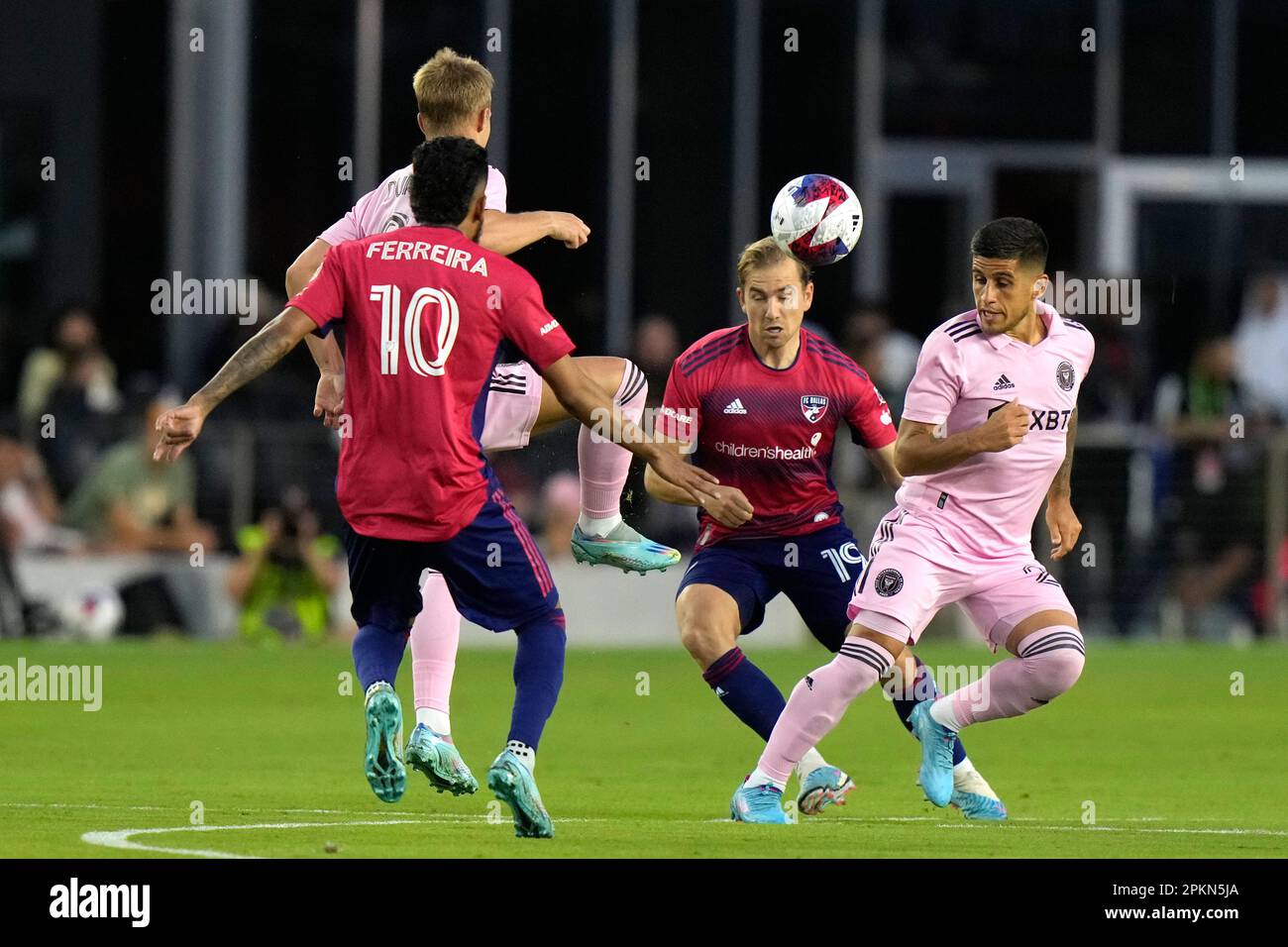 Inter Miami midfielder Bryce Duke, left, passes the ball as FC Dallas ...