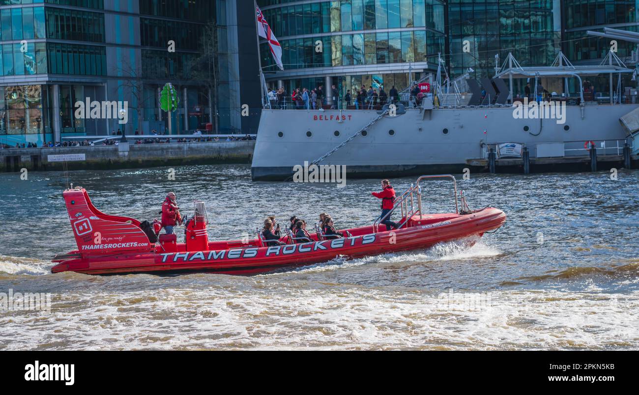 London, England - April 07 2023 : Thames Rockets boat on the river ...