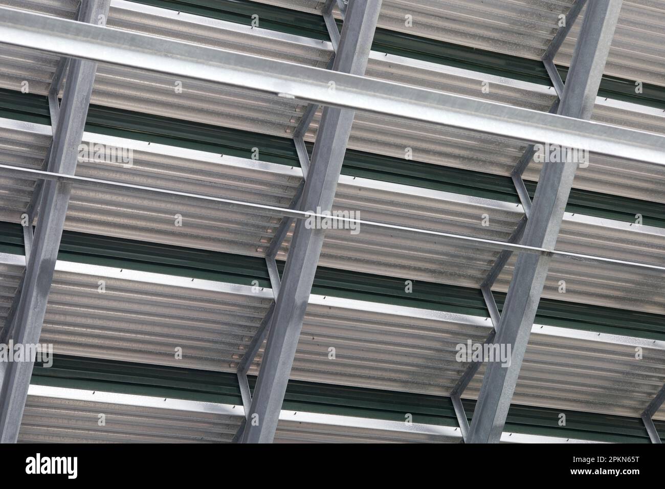 Backside of stadium. Underneath. Metal structure with beams and lines ...