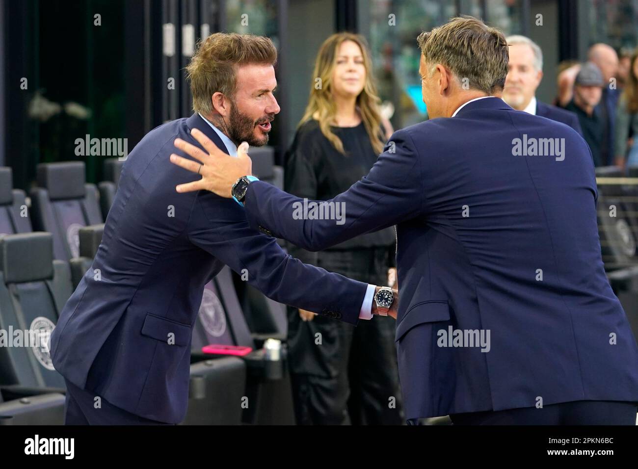 Inter Miami co-owner David Beckham, left, shakes hands with head coach ...
