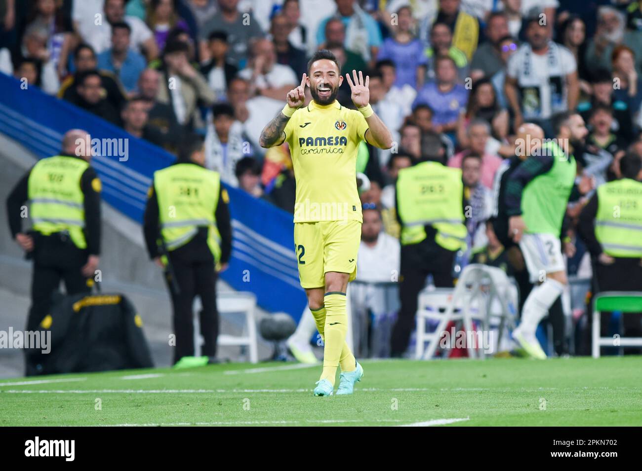 Madrid, Spain. 8th Apr, 2023. Villareal's Jose Morales celebrates his ...