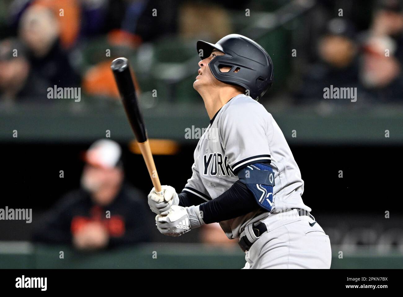 New York Yankees' Anthony Volpe follows through on a triple against the ...