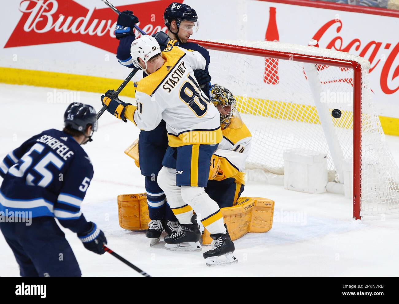 Winnipeg Jets' Mark Scheifele's (55) shot gets past Nashville Predators ...