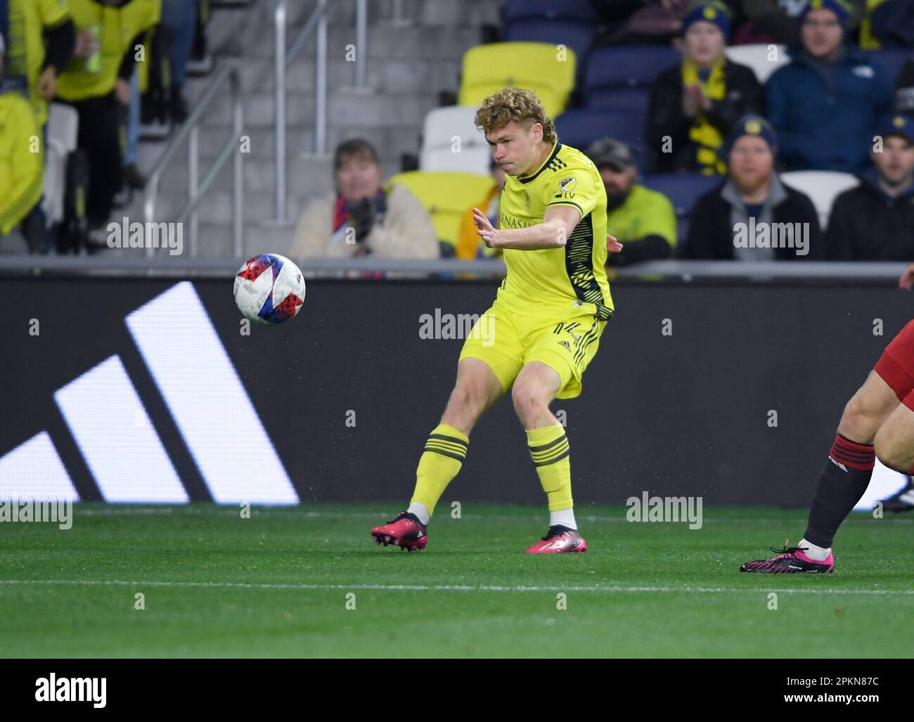 April 8, 2023: Nashville SC forward Jacob Shaffelburg (14) kicks the ...
