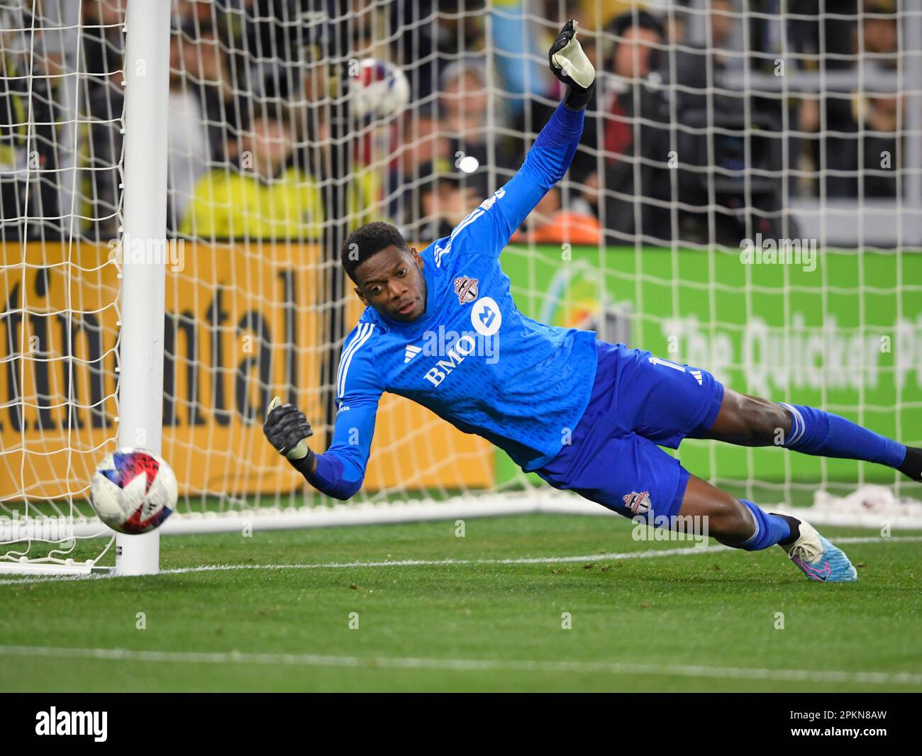 April 8, 2023: Toronto FC goalkeeper Sean Johnson (1) dives for the ...