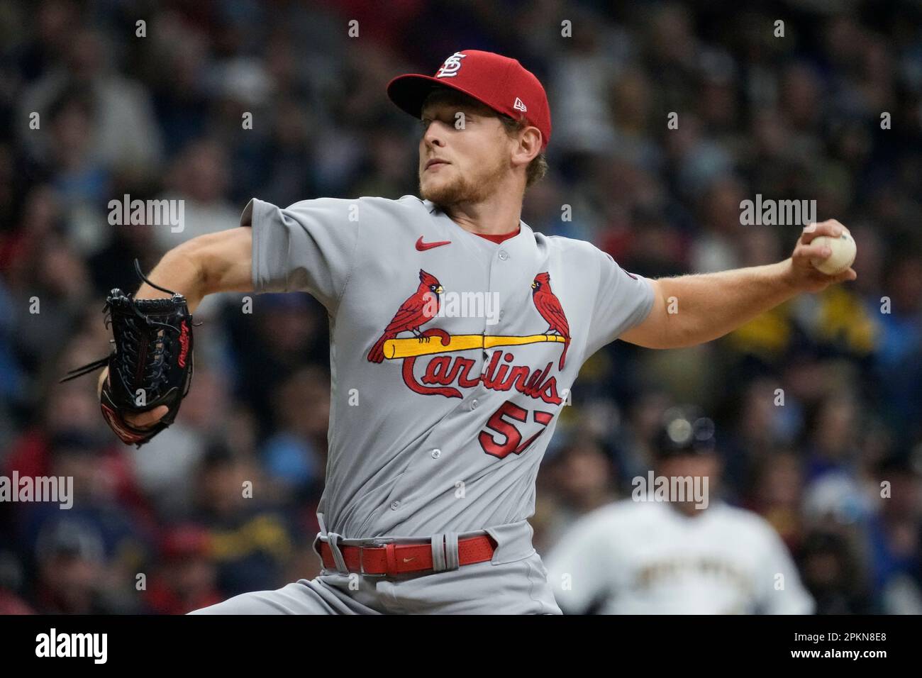 St. Louis Cardinals relief pitcher Zack Thompson throws during the eighth inning of a baseball ...