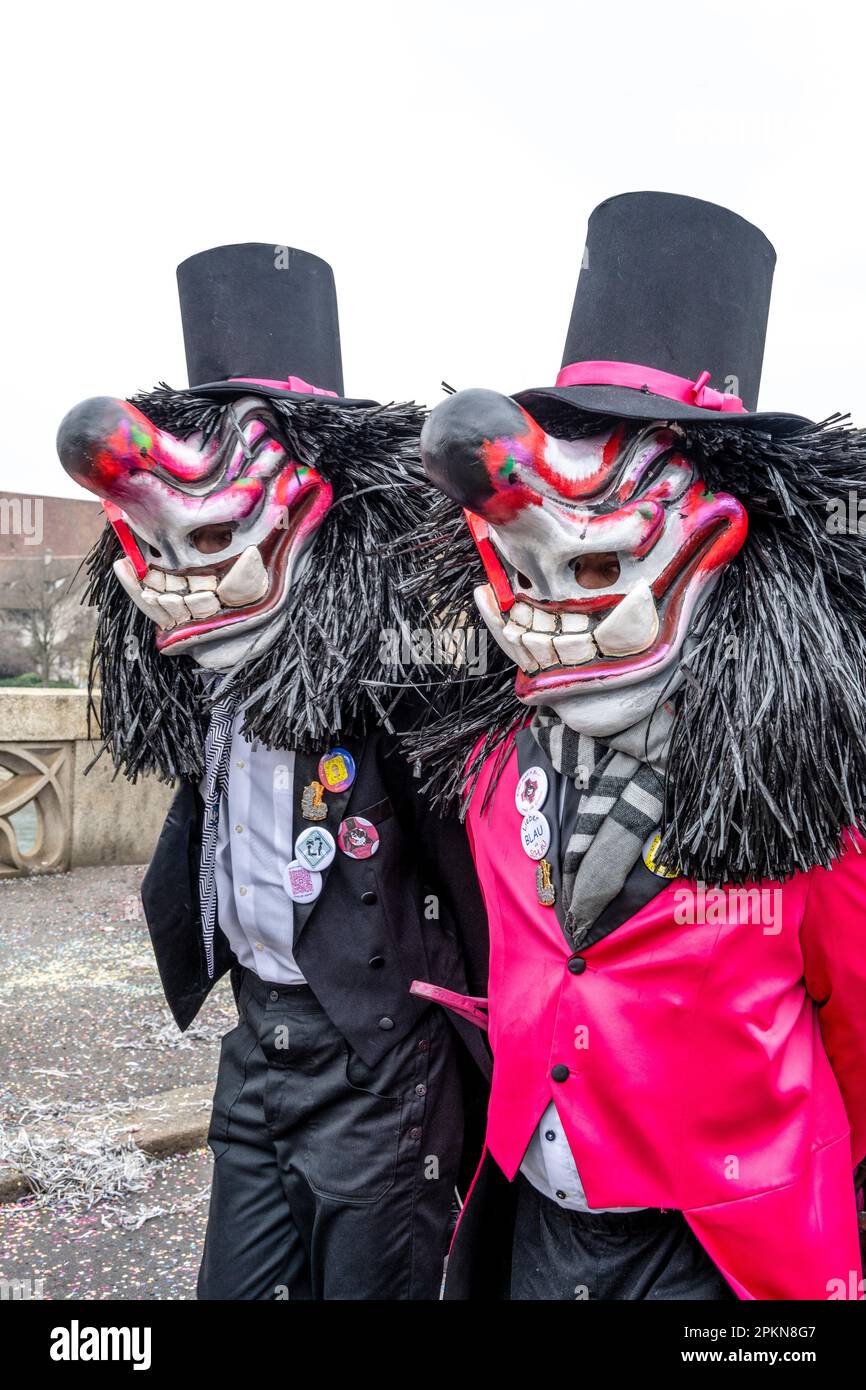 Waggis mask costume walking in the parade at the Basel Fasnacht ...