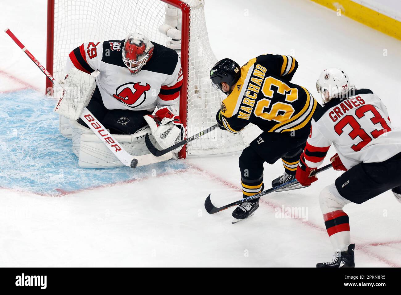 New Jersey Devils' Mackenzie Blackwood (29) blocks a shot by Boston ...