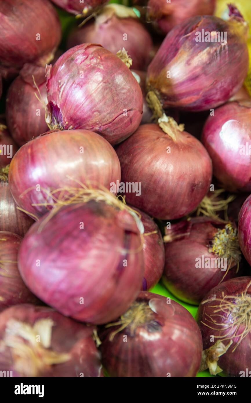 Bunch of Red Raw Onions shot vertical Stock Photo - Alamy