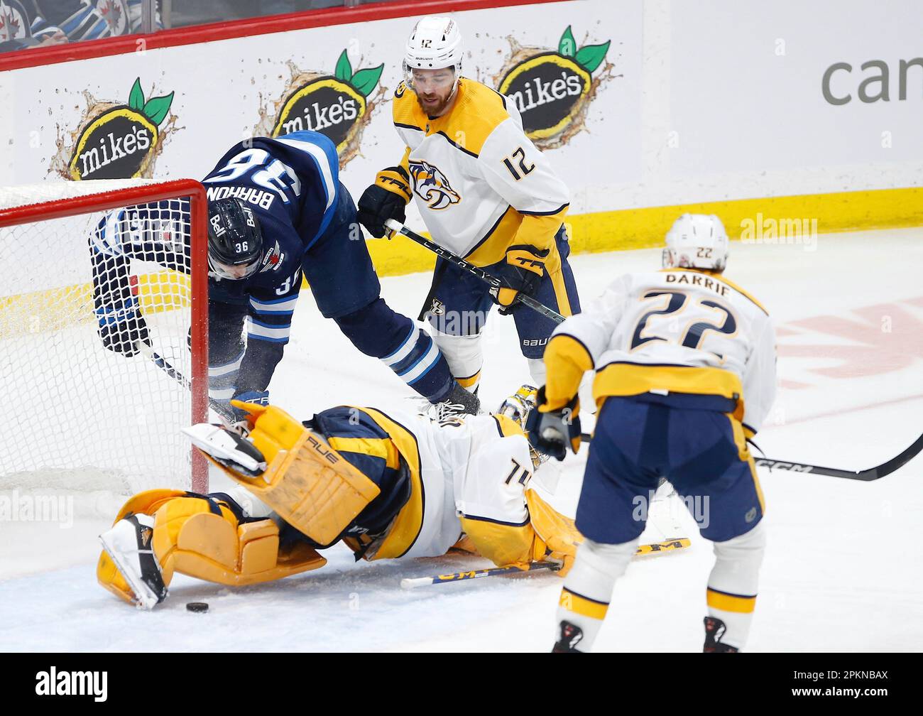 Winnipeg Jets' Morgan Barron's (36) shot is saved by Nashville ...