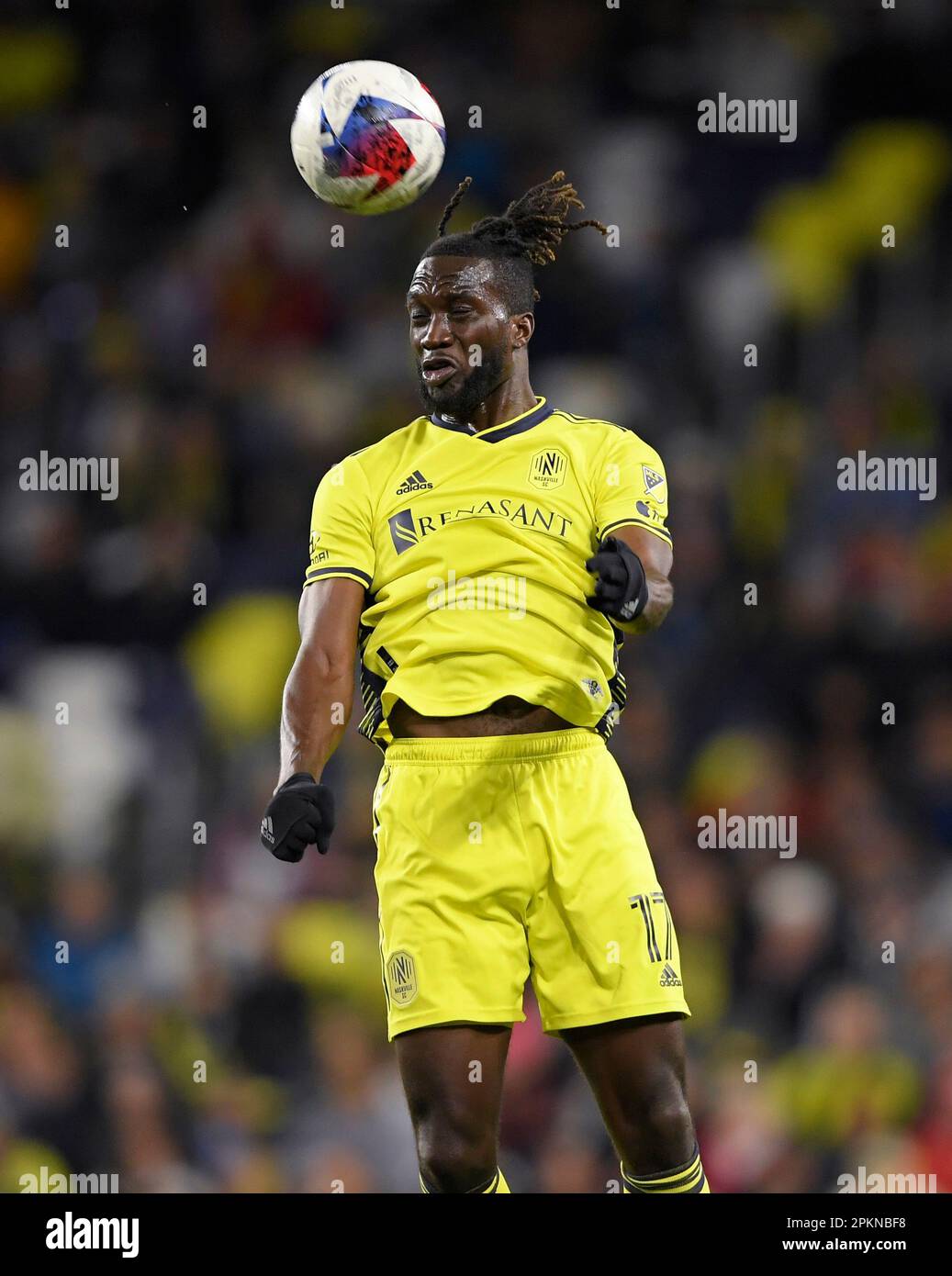 April 8, 2023: Nashville SC forward C.J. Sapong (17) heads the ball ...