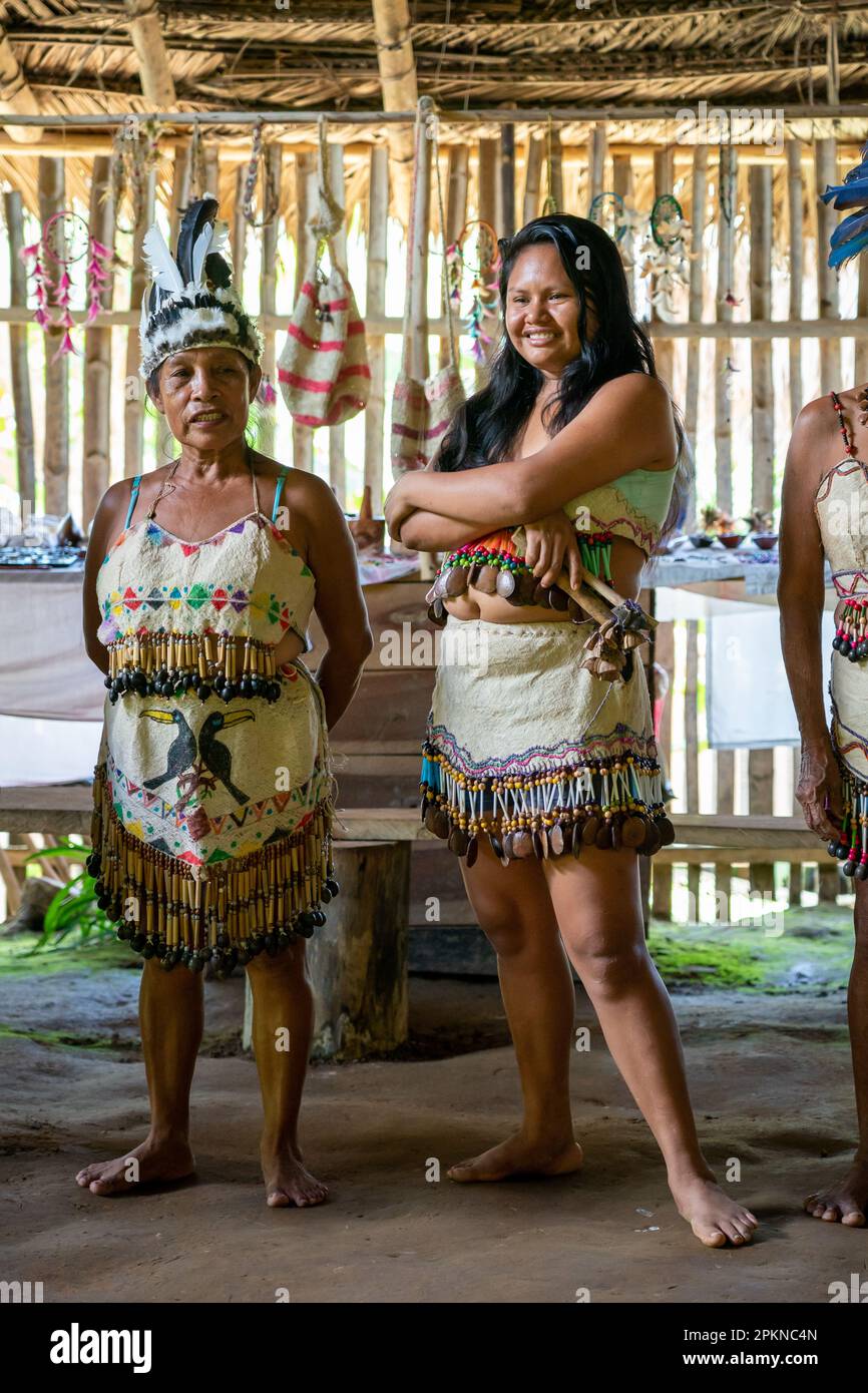 Ticuna women of Colombia reenact traditional dancing and music Stock ...