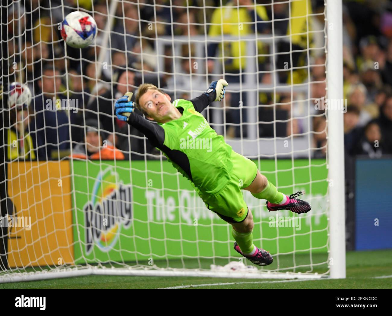 April 8, 2023: Nashville SC goalkeeper Joe Willis (1) blocks a shot ...